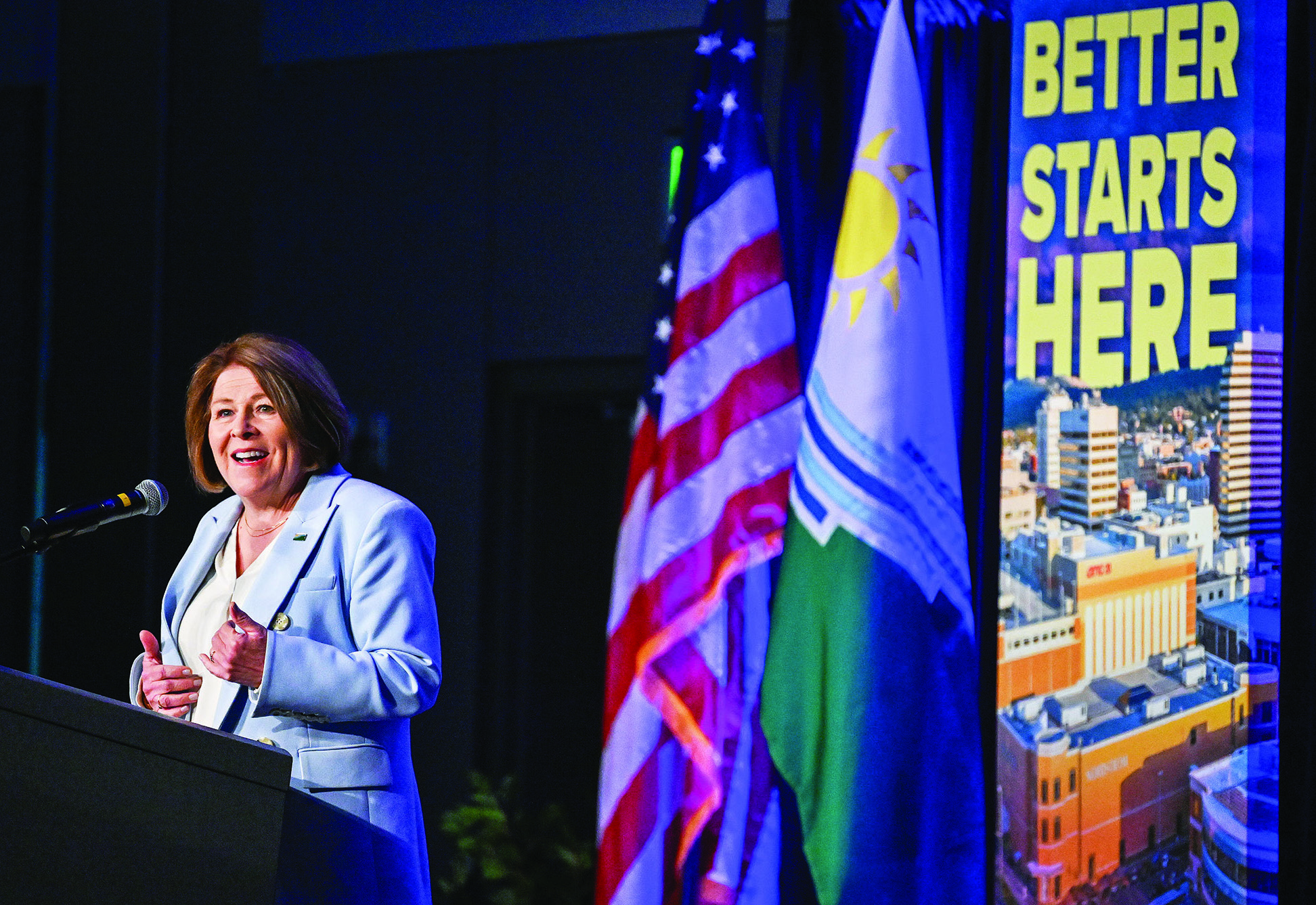 DAN PELLE/THE SPOKESMAN-REVIEW Spokane Mayor Lisa Brown delivers her ...
