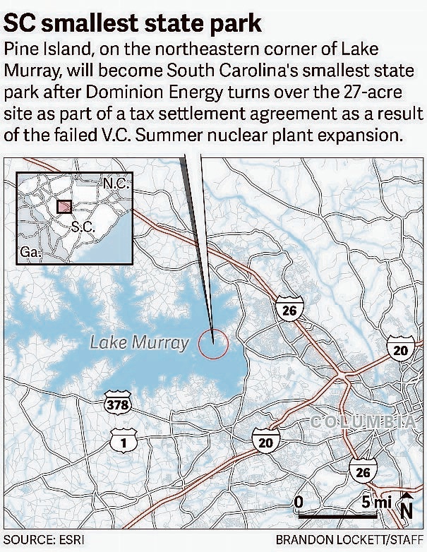 the waters of lake murray outline pine island on march 15
